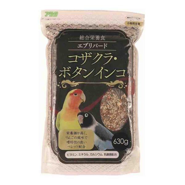 コザクラ・ボタンインコの総合栄養食です。栄養価が高く、リンゴ風味で嗜好性の良いペレットを配合しました。ビタミン、ミネラル、カルシウム、乳酸菌を配合しています。