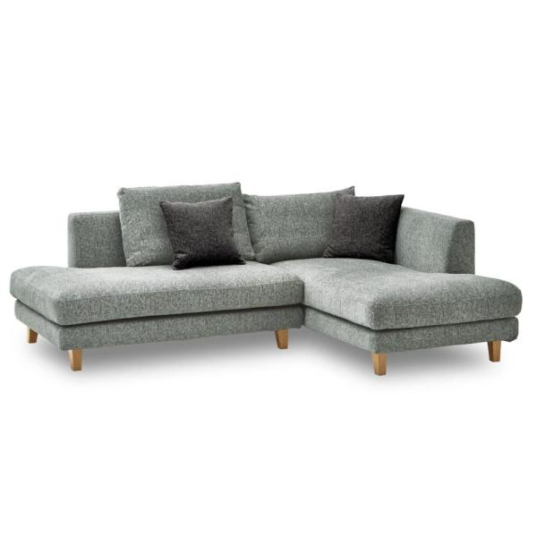 背クッションと座面クッションにフェザー入りの左カウチソファ。