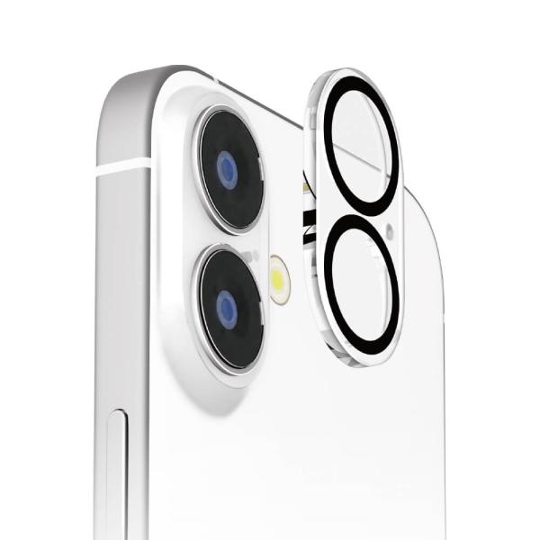 角割れを防ぐフレーム採用のiPhone 16 / 16 Plus 2眼カメラ用 カメラフルプロテクター クリアです。立体的なシリコン素材のフレームでカメラプロテクターの角割れを防ぎます。光線透過率96%の表面硬度10H光沢ガラスと薄くて耐久...