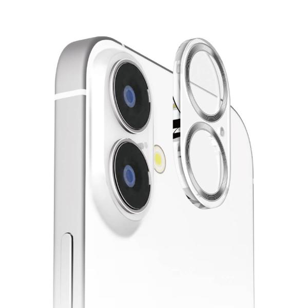 色鮮やかなカメラレンズのフチが特徴的なiPhone 16 / 16 Plus 2眼カメラ用 カメラフルプロテクター クリア/シルバーです。光線透過率96%の表面硬度10H光沢ガラスと薄くて耐久性に優れたアクリル素材で一体成形されており、端末...