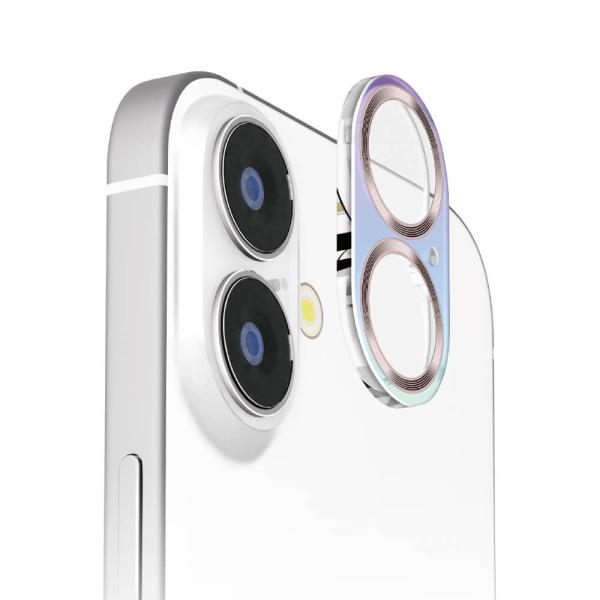 色鮮やかなカメラレンズのフチが特徴的なiPhone 16 / 16 Plus 2眼カメラ用 カメラフルプロテクター オーロラ/ゴールドです。光線透過率96%の表面硬度10H光沢ガラスと薄くて耐久性に優れたアクリル素材で一体成形されており、端...