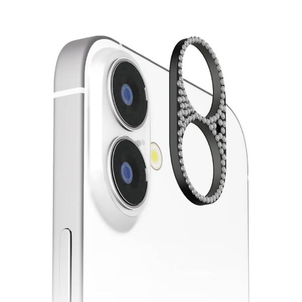 カメラレンズ周りをキズから守るiPhone 16 / 16 Plus 2眼カメラ用 カメラレンズフレーム ラインストーン/ブラックです。華やかで可愛いラインストーンタイプ。カメラレンズ部分が空いている為、撮影時の画質に影響がありません。iP...