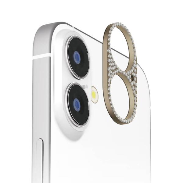 カメラレンズ周りをキズから守るiPhone 16 / 16 Plus 2眼カメラ用 カメラレンズフレーム ラインストーン/ゴールドです。華やかで可愛いラインストーンタイプ。カメラレンズ部分が空いている為、撮影時の画質に影響がありません。iP...