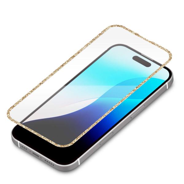 キラキラしたラメフレームが可愛らしいiPhone 16 Pro用 液晶全面保護ガラス 高透明です。液晶部はキズに強い高硬度ガラスを使用。ガラスならではの高光沢で美しい映像や画像をクリアに楽しめます。従来の液晶保護ガラスにある飛散防止加工、撥...