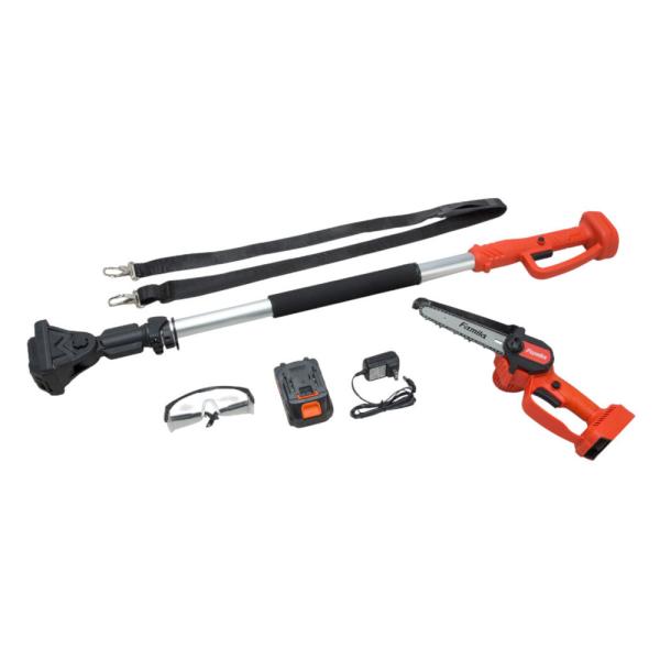 手の届かない高枝も手元の太枝も楽々剪定●作業がしやすいコードレス式で、高枝でもハンディでも使える2WAY。硬度と耐摩耗性に優れたチェーンで太枝もパワフル切断！アルミフレームで軽量化を実現。さらに使いやすくなりました。●本体とポール持ち手にプ...