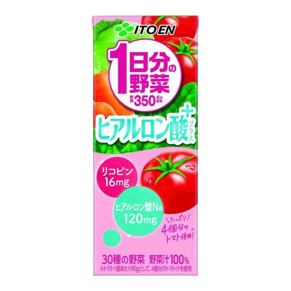 ヒアルロン酸配合の「1日分の野菜」●4個分のトマト※を使用し、リコピン16mg、ヒアルロン酸Naを120mg配合。（※トマト1個当たり90gとして、4個分のトマト汁を使用。）●30種の野菜が補える、野菜汁100％飲料です。●トマトを中心に、...