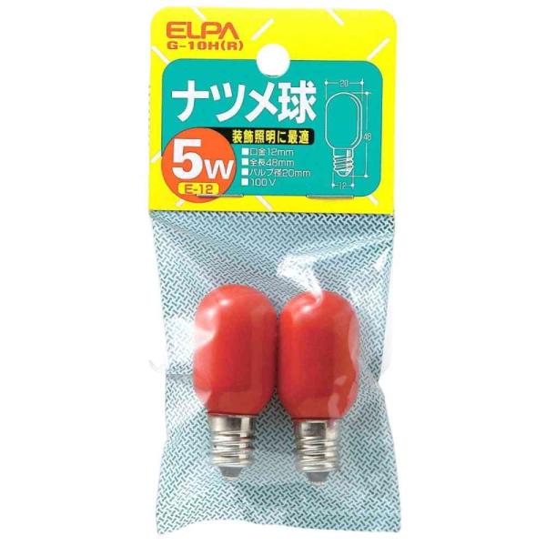 ●装飾照明に最適。●小形・低ワットで長寿命設計の電球。常夜灯、装飾用に適しています。■定格電圧:100V■定格消費電力:5W■定格寿命:約3,000時間■本体サイズ:全長48×バルブ径20（mm）■口金:E12■入数:2個■カラー:レッド