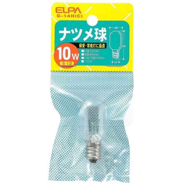 ●保安用・常夜灯・表示灯に適しています。●小形・低ワットで長寿命設計の電球。■定格電圧:110V■定格消費電力:10W■定格寿命:約1,500時間■本体サイズ:全長48×バルブ径20（mm）■口金:E12■入数:1個■カラー:クリア