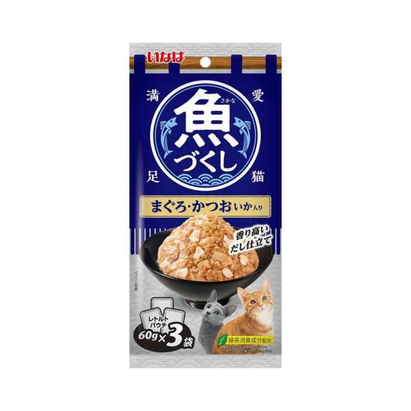 まぐろとかつおの細かめフレークにいかをトッピング。スルっと出しやすい柔らかゼリータイプ。3個パックで多頭飼いの家庭でも便利です。タイ産。