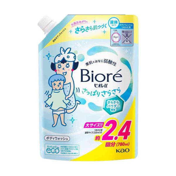 つめかえ用通常サイズ（320ml）の約2.4回分（780ml）ベタベタ肌も、さっぱりさらさら。さらさらパウダー配合。お風呂あがりもさらさら肌つづき、服もさらっと着られる。●あせもの原因にもなる汗をオフ●肌のベタつき、毛穴やキメの汚れまで浮か...