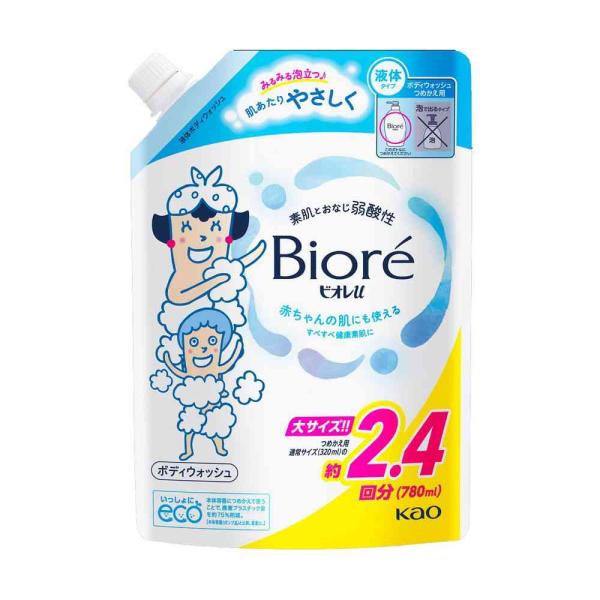 つめかえ用通常サイズ（320ml）の約2.4回分（780ml）みるみる泡立ち、肌あたりやさしく洗える家族の肌想いなボディウォッシュ。肌への刺激の一因となる汚れを落として、肌本来のうるおいは守って洗い、家族みんな、すべすべ健康素肌に。●素肌と...