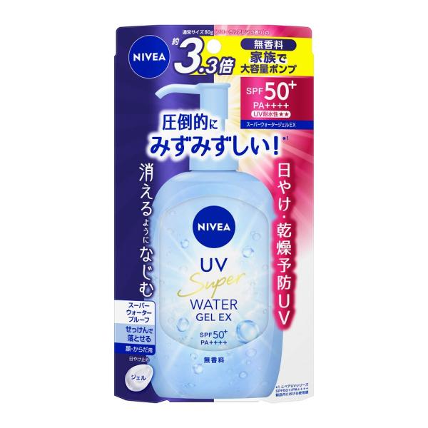 家族で使える大容量ポンプ日やけ・乾燥予防UV全身にのび広げられ肌なじみの早いジェルSPF50+ PA++++ UV耐水性★★強烈紫外線から素肌をしっかりまもる主にシミの原因となるUV-Bも、ハリ・弾力低下の原因となるUV-Aもしっかり防ぎま...