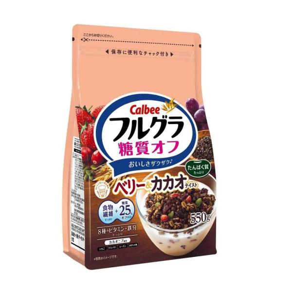 話題の植物性たんぱくである大豆たんぱくを使用し、糖質オフを実現！カカオの風味豊かなグラノーラに、いちご、クランベリー、レーズンをトッピング。満足感のある味わいで、飽きずにロカボ生活が続けられます。食物繊維や鉄分、8種のビタミンのほか、たんぱ...