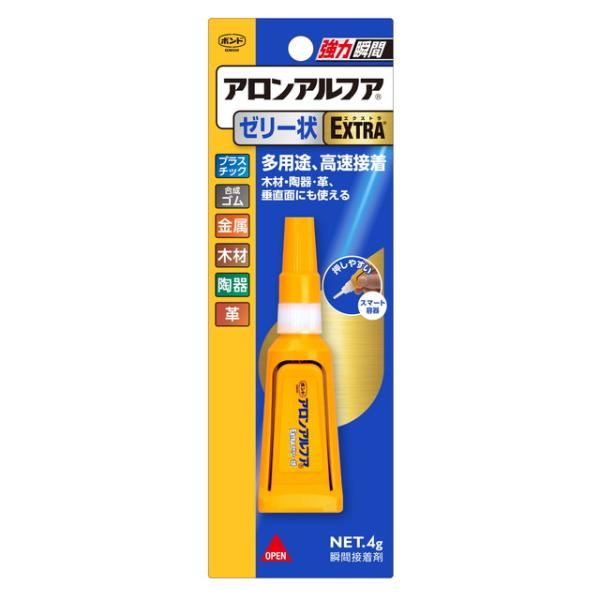 ・強力、スピード接着、用途広い、タレない。・ゼリー状・使い易い容器（押しやすく立てられる）・多少のスキ間や凹凸面、染み込みやすい木材、陶器、革にも使える・金属・プラ模型の製作。・電化製品・機械類の組立と補修。
