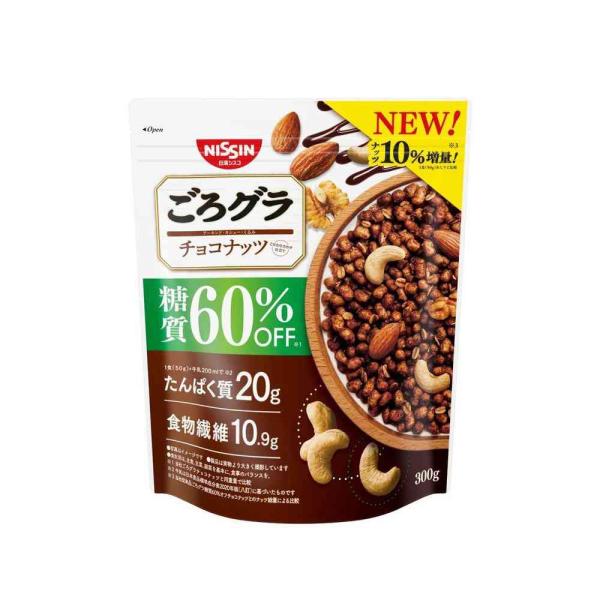 糖質オフで高たんぱく。食物繊維・鉄・カルシウムもたっぷり3種のナッツが入った。カカオ仕立ての高機能グラノーラ。「ごろグラチョコナッツ」と比べて(同重量で比較)糖質の量を60％オフしながら、たんぱく質、食物繊維、鉄分、カルシウムをしっかり取る...