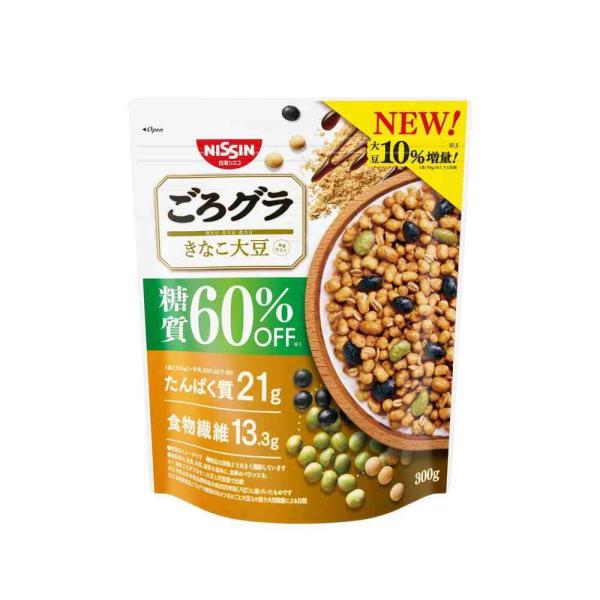 糖質オフで高たんぱく。食物繊維・鉄・カルシウムもたっぷり3種の大豆が入った。黒蜜きなこ仕立ての高機能グラノーラ。「ごろグラきなこ大豆」と比べて(同重量で比較)糖質の量を60％オフしながら、たんぱく質、食物繊維、鉄分、カルシウムをしっかり取る...