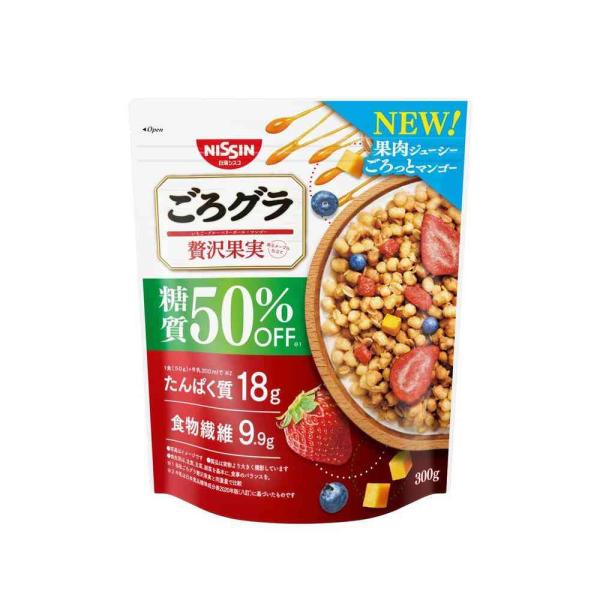 糖質オフで高たんぱく。食物繊維・鉄・カルシウムもたっぷり3種の果実が入った。メープル仕立ての高機能グラノーラ。「ごろグラ贅沢果実」と比べて(同重量で比較)糖質の量を50％オフしながら、たんぱく質、食物繊維、鉄分、カルシウムをしっかり取ること...