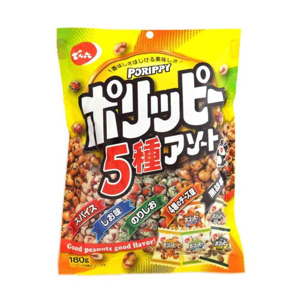 しょゆ油と香辛料の香ばしい風味のスパイス、まろやかな食塩であっさり仕上げたしお味、あおさ、青のりの磯の風味がふわっと広がるのりしお、ピリッと刺激的な辛味に仕上げた黒胡椒豆、チェダーチーズ、カマンベールチーズ、ゴーダチーズ、ゴルゴンゾーラの4...