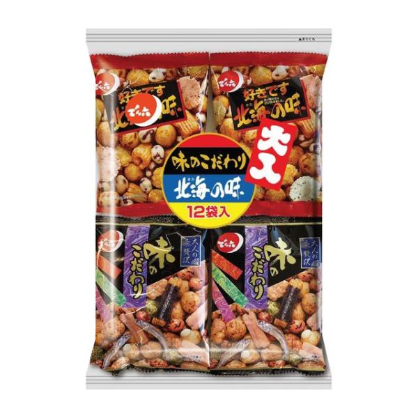 大入印がめでたいでん六自慢の豆菓子をミックスした大袋おつまみです。でん六、大入、おつまみ