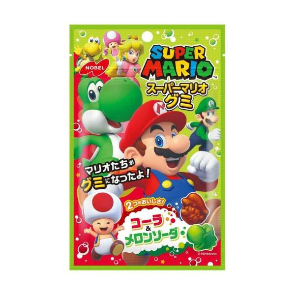 任天堂の人気シリーズ「スーパーマリオ」の世界観と連動した、マリオを含めた全7種類のかわいいグミの形や、コーラとメロンソーダの爽やかな味わいが楽しめます。