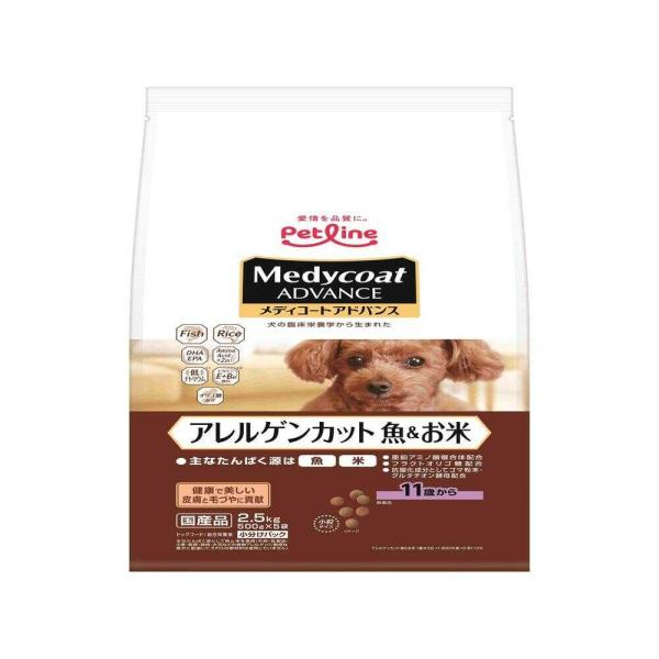 主なたんぱく源を魚と米にすることで、食物アレルギーに配慮。11歳からの愛犬の心臓の健康維持にナトリウムの含有量を調整。老齢期の健康維持にビタミン（E＋B群）を配合。