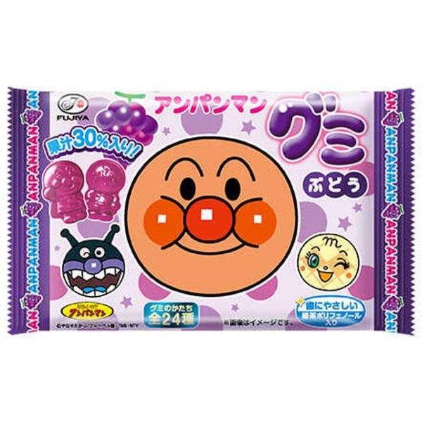 歯にやさしい緑茶ポリフェノール入りアンパンマンキャラクターの形がかわいい、ぶどう味のトレー入りグミ。アンパンマン