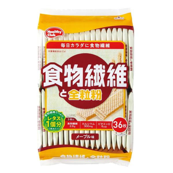 ３枚当たりレタス約１個分の食物繊維2.6g、カルシウム300mg、ビタミンＤ6μg配合した、サクッと香ばしい全粒粉入りのメープル味ウエハースです。栄養機能食品（Ca）