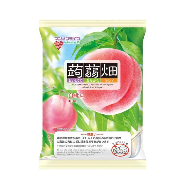 こんにゃく（グルコマンナン）を果汁で味付けした、フルーツこんにゃくです。果物では味わえないこんにゃく独特の食感は、さらに美味しさを引き立てます。香り高くジューシーな白桃を、丸ごとかじった時の広がる果実感をイメージしました。