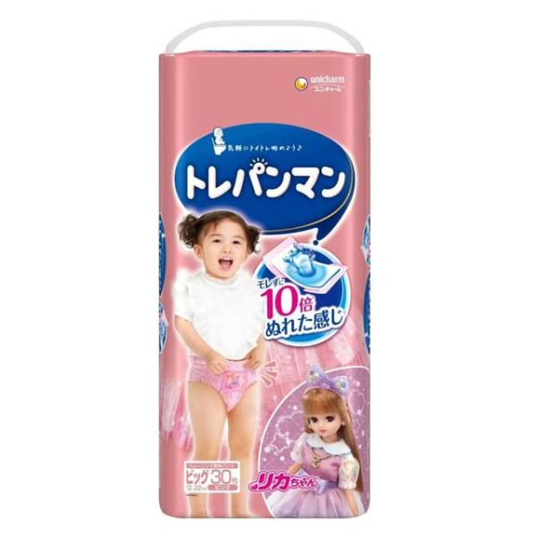 トイレトレーニング専用パンツ。モレずに１０倍ぬれた感じが分かる「おしっこ実感シート」採用。製品は前も後ろもリカちゃんデザインで１袋に８種類。「おなじえさがし」「わくわくおえかき」でさらにやる気アップ。