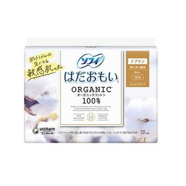 ソフィから、最も素材にこだわったオーガニックコットン１００％シリーズ。デリケートゾーンが触れる上層にオーガニックコットン１００％を使用しているから、かゆみの一因であるつきっぱなしの経血を肌に残しにくい。だから、肌への負担を低減し、肌に優しい。