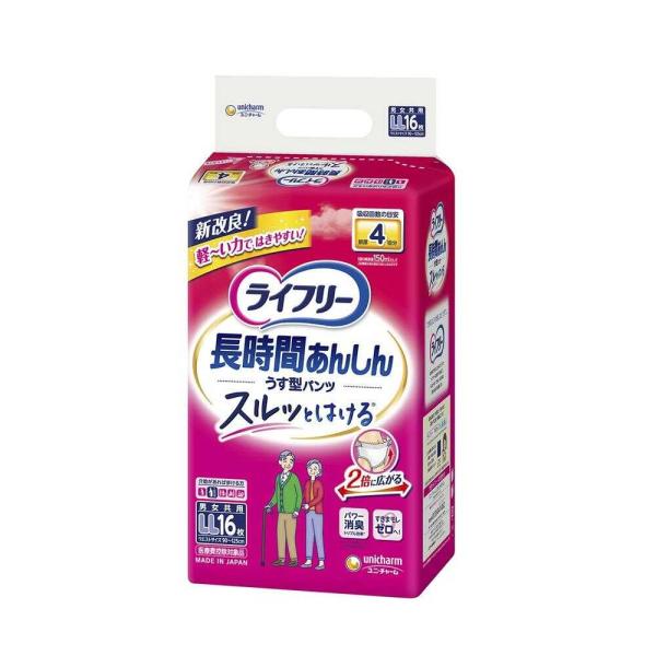 軽い力で２倍に広がるのでスルッとはけるパンツです。背中・足ぐりピタっとギャザーが背中・足ぐりにピタッとフィットするのでスキマモレを低減。２０１９年春から、更にらくらくステッチ搭載！ご本人の力で両脇が破けてサッと脱げる機能に改良！