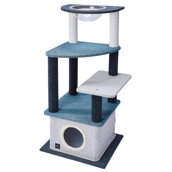 ・愛猫のかわいい姿を心ゆくまで楽しむことができる「クリアボウル」・おしゃれなファブリック柱ととぎカスの出にくいハイブリッド柱の組み合わせで愛猫を飽きさせない・下段の広々した大きな隠れ家があるので、仔猫やシニア猫にもぴったり・適応体重：クリア...