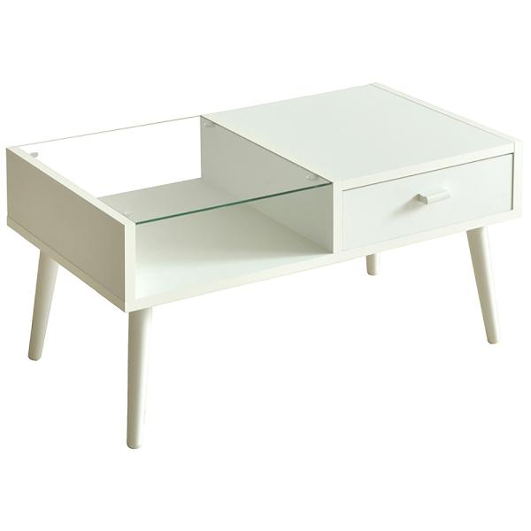 リビングにある魅せたいもの、隠したいものの両方が収納できる便利なセンターテーブル。半分がキレイなガラス天板＋お気に入りの雑貨を魅せる収納スペース、もう半分は木製天板＋引き出しとなっております。カラーはブラウン、ライトブラウン、ホワイトの３カ...