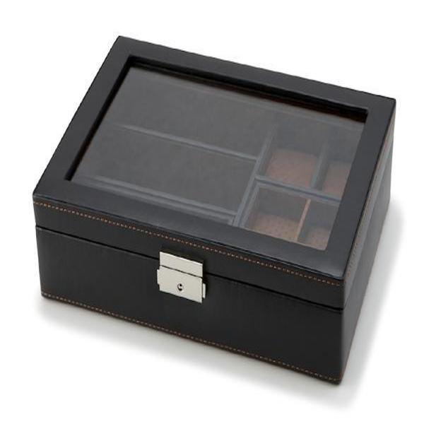 シックな印象の小物収納ボックス。アクセサリー類や時計、メガネなどを美しく収納しておける男性向けのアイテムです。内張りの生地にはシルクのネクタイ生地のような滑らかな質感の生地を使用しております。フタ部分は透明なガラスになっているので、ディスプ...