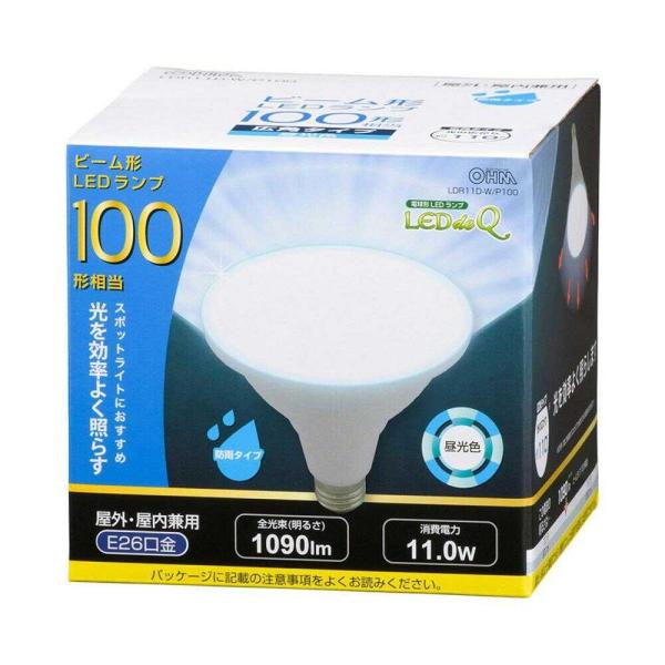 ●光を効率よく照らす、ビーム形LEDランプ●スポットライトにおすすめ●100形相当の明るさ●光の広がり約110°の広角タイプ●防雨タイプ●昼光色●口金：E26