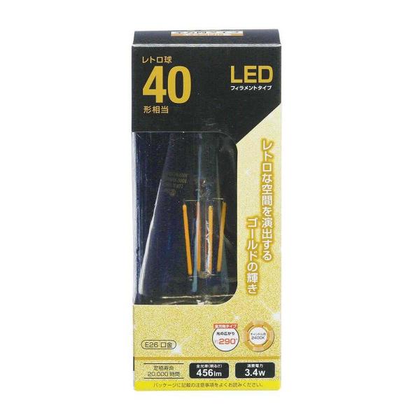 ● レトロ球40形相当● きらめきが広がるLED電球フィラメントタイプ● レトロな空間を演出するゴールドの輝き● 光の広がり約290°全方向タイプ● E26口金● キャンドル色 2400K