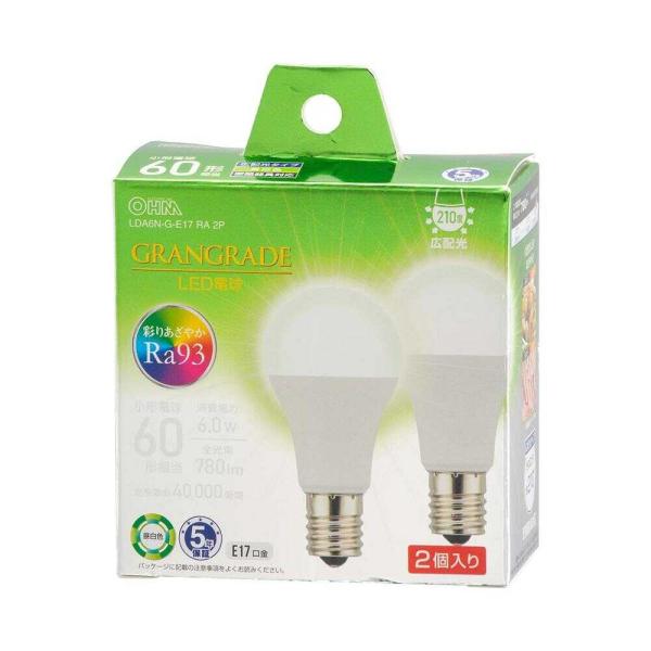 ●彩りあざやかRa93「GRANGRADE」LED電球●自然光に近いあざやかさ●小形電球60形相当の明るさ●光の広がり約210°の広配光タイプ●密閉器具対応●断熱材施工器具対応●昼白色●口金E17●LED5年保証対象商品