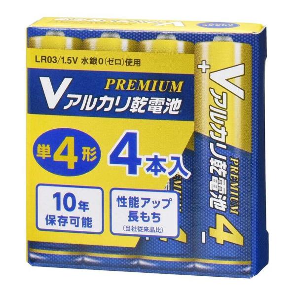 ● 保存可能期間は10年（保存条件JIS準拠）● 放電性能アップで長持ち（当社従来品比）● AV機器から玩具まで幅広く使えるプレミアムハイパワー● 単4形 4本パック● LR03/1.5V● 水銀0（ゼロ）使用● グリーン購入法適合商品