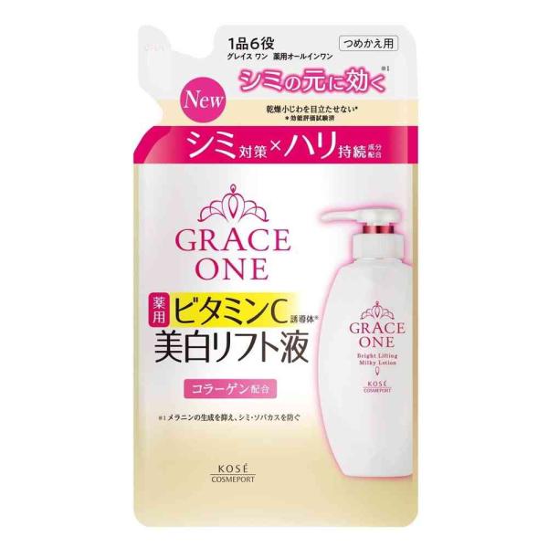 「グレイス ワン ブライトニング リフト液」のつめかえ用です。本体と同様、肌のハリや弾力をサポートし、透明感のある肌に整えます。角層まで浸透してうるおいを与え、肌をふっくら引き締める使用感。つめかえ用でエコに継続使用可能です。