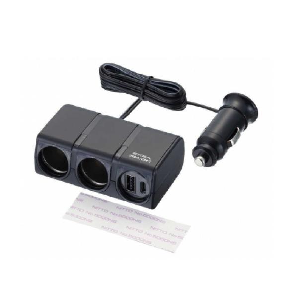 ●お好きな場所に両面テープで設置できるコードタイプソケット（コード長約1ｍ）です。●12Vの2連ソケットとUSB-CポートとUSB-Aを備えた増設ソケットです。●USBポートは接続した機種を自動で判別し機種に適した電流値で充電を行う自動判別...