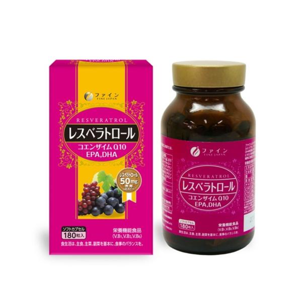ファインレスベラトロールはブドウ果皮由来のレスベラトロールにイワシ、マグロ、カツオから得られた精製魚油（EPA、DHAを含む）やコエンザイムQ10、ビタミンB１、ビタミンB2、ビタミンB6を配合した栄養機能食品です。DHA EPA類 ファイン