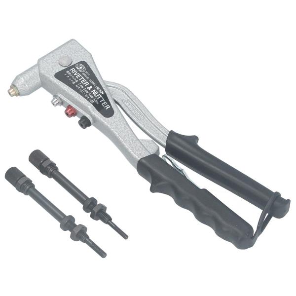 この1丁でカシメとナット止めができます。部材と母材の締結、薄板等へのナット穴(ネジ穴)作成。鉄板等を接合する場合、片側が密閉された母材でも、あらかじめドリルで接合する母材と部材に穴をあけて、ブラインドリベットをハンドリベッターにセットしてか...