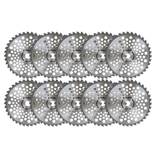 軽量タイプで刈払作業の負担を減らします。刈払作業用。強力斜め埋め込みのため耐久性抜群です。刃先全面研磨により切れ味抜群です。●外径：230mm。●刃数：36P。●刃厚：2.0mm。●刈払機推奨排気量：25cc未満。●10枚組。