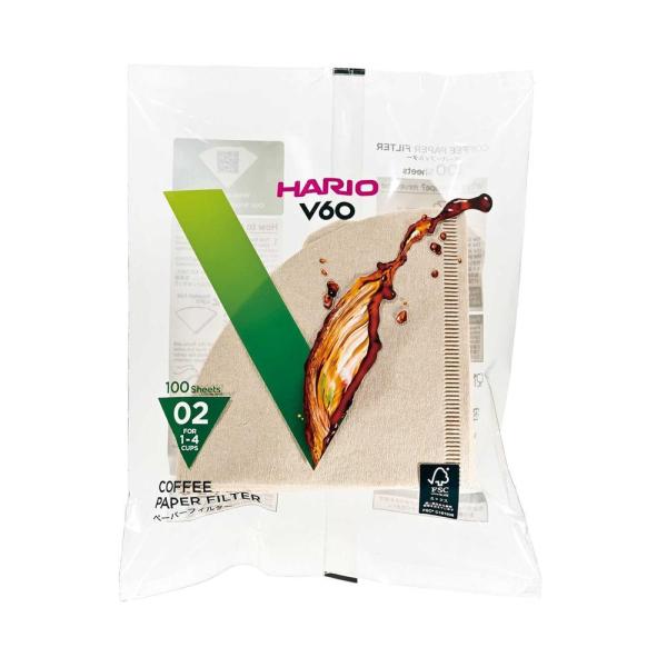 ハリオのV60シリーズ円すい形ペーパーフィルター02タイプ（1〜4杯用）です。材質はパルプ100％です。HARIO,フィルター