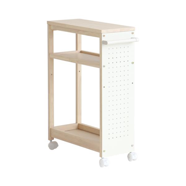 側面は有孔ボードになっており、市販フックやカゴを取り付けることが可能です。収納力がアップし、自分好みにカスタマイズできます。 DIYのように自分流にアレンジできる楽しさをプラスしたワゴンです。