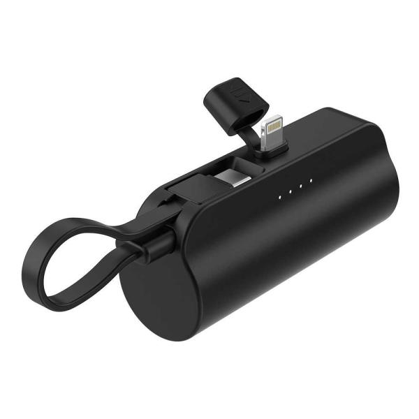 スマホに直挿しして使えるモバイルバッテリー。電池残量がひと目でわかるバッテリー残量表示インジケーター搭載・2台同時充電可能・取り外し可能なType‐Cケーブル付属。容量:5000mAh@3.6V（18Wh）／定格容量2900mAh@5V