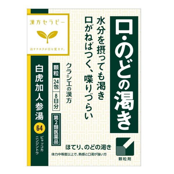 「白虎加人参湯」は，漢方の古典といわれる中国の医書「傷寒論（ショウカンロン）」「金匱要略（キンキヨウリャク）」に収載されている薬方です。のどの渇きとほてりのある方に効果があります。