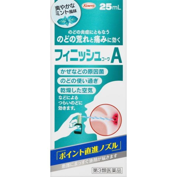 フィニッシュコーワAは，ノドやお口の中に，爽やかなミントの香りがスーッとひろがるノド用治療薬です。フィニッシュコーワAをノドの患部にピュッピュッと噴射しますと，効きめの成分が患部に直接当たり，ノドを正常な状態に治してくれます。●かぜの場合に...