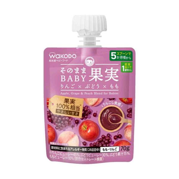 りんご、ぶどう、ももを組み合わせた、ピューレー状のくだものベビーフードです。開けてそのまま、手軽にうらごし食感のくだものをお子さまにあげることができます。果実100％相当、複数のくだもの入り。
