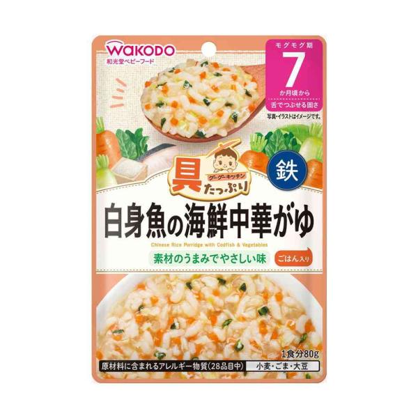 家庭では調理しにくいたんぱく素材を含む、バラエティ豊かな「具」がたっぷり入ったレトルトパウチタイプのベビーフード。食べやすくほぐしたたらとたっぷりの野菜を、魚介のうまみがきいたスープでコトコト炊き上げた、海鮮風味の中華がゆです。着色料、香料...